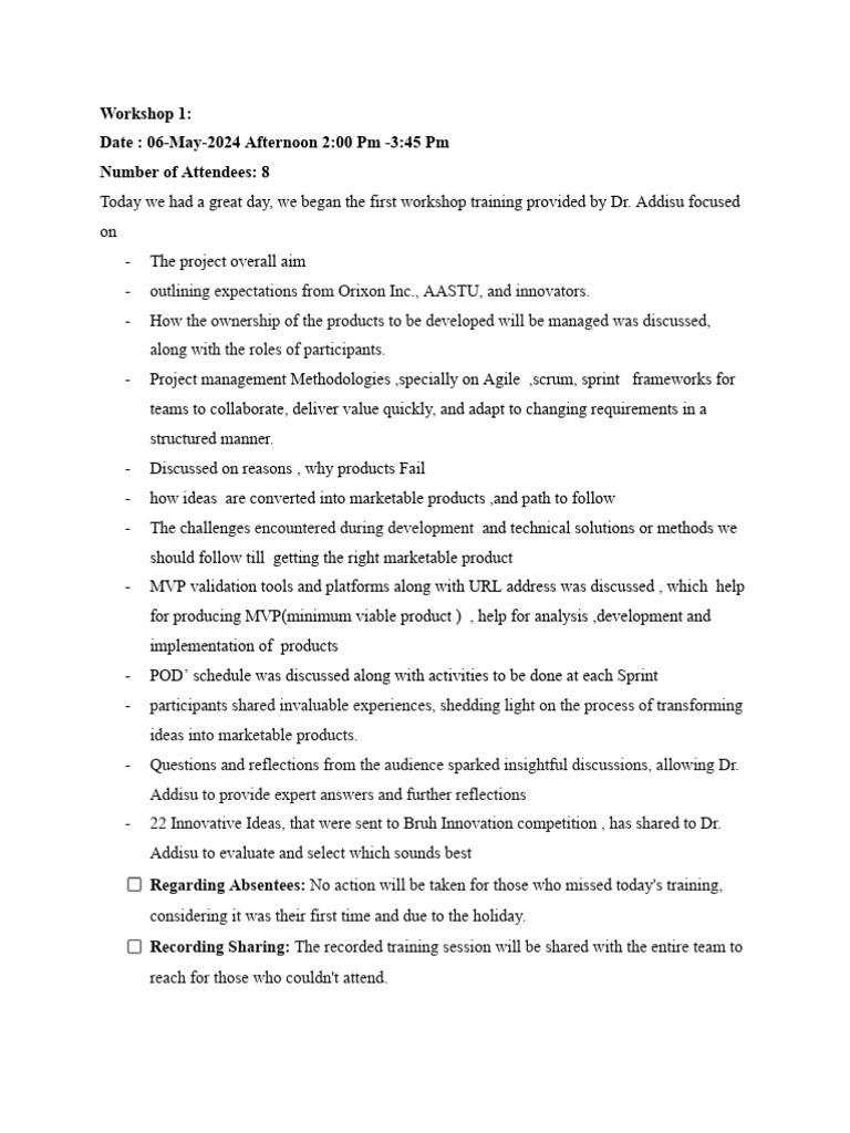 Orixon-AASTU Workshop-1 Minute | PDF | Agile Software Development