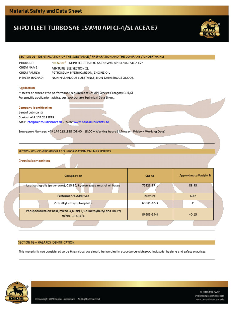 MSDS 15 Benzol SAE 15W40 API CI 4 SL | PDF | Motor Oil | Chemical ...