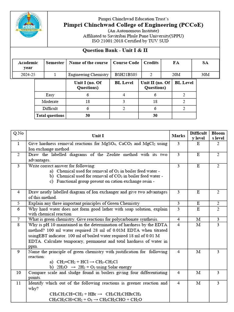 Engineering Chemistry Question Bank 2024 | PDF