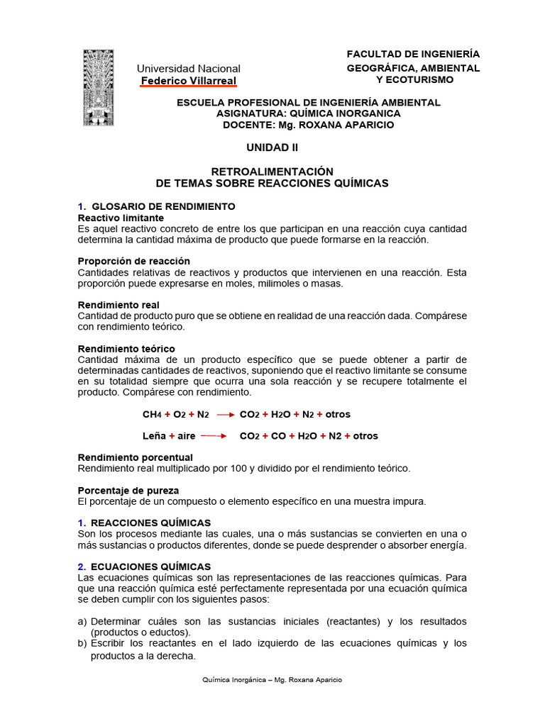 UNIDAD II Semana 8 - RETROALIMENTACIÓN de REACCIONES QUÍMICAS | PDF | Redox | Reacciones químicas
