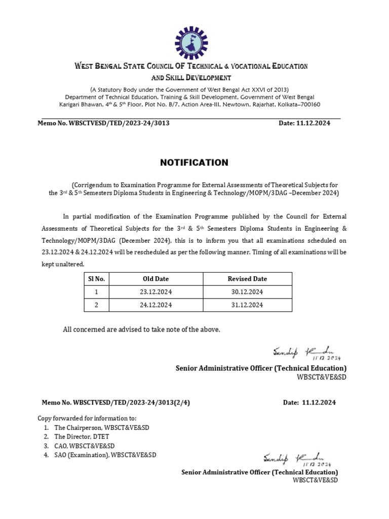 Exam Reschedule Notification for Diploma Students | PDF