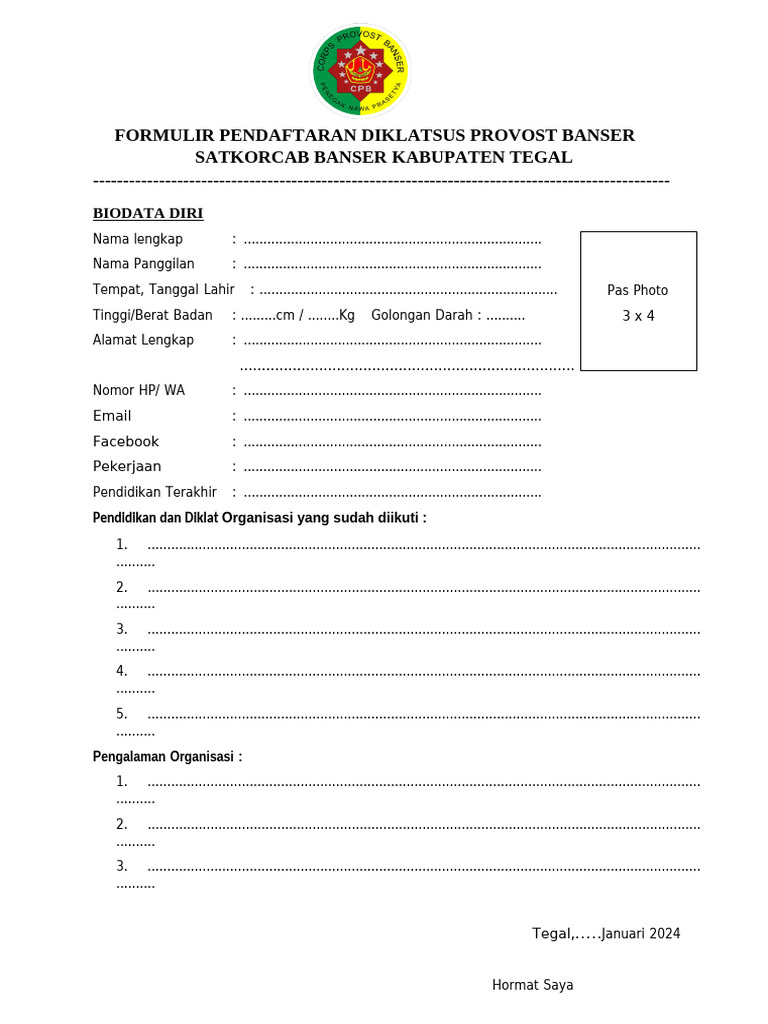 Formulir Pendaftaran Provost Banser Tegal | PDF