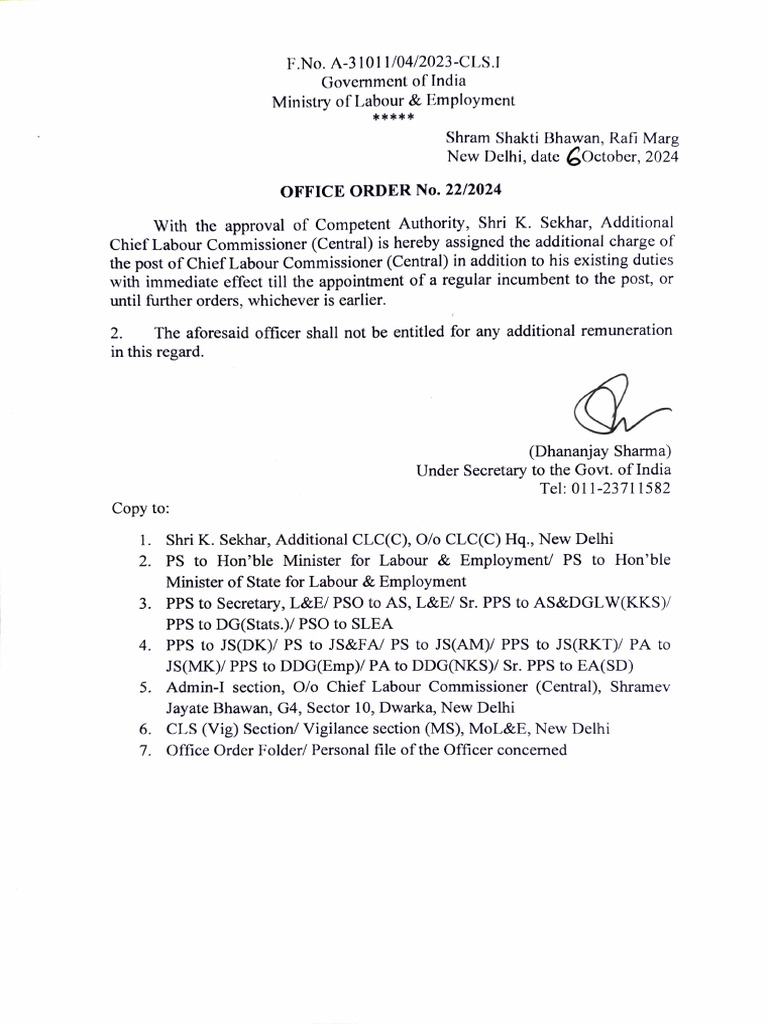 Chief Labour Commissioner (Central) Is Hereby Assigned The Additional ...