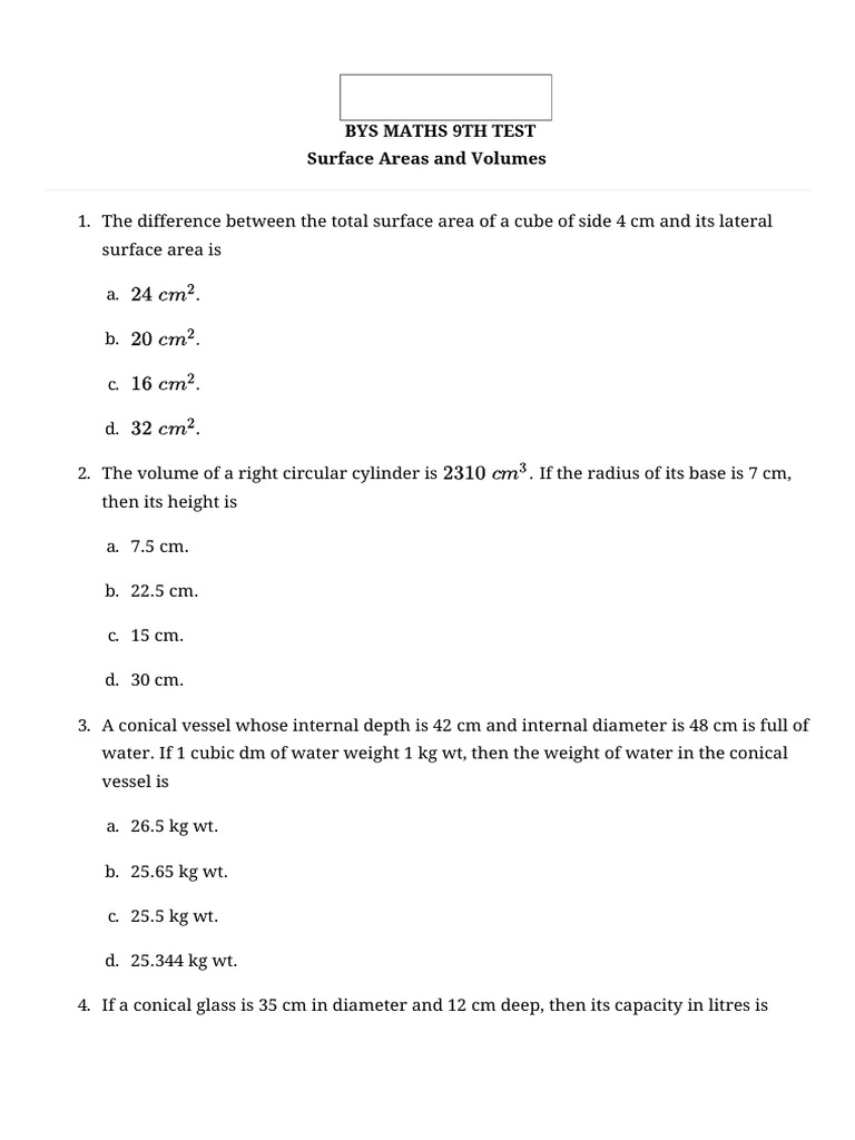 9th test surface area | PDF | Volume | Sphere