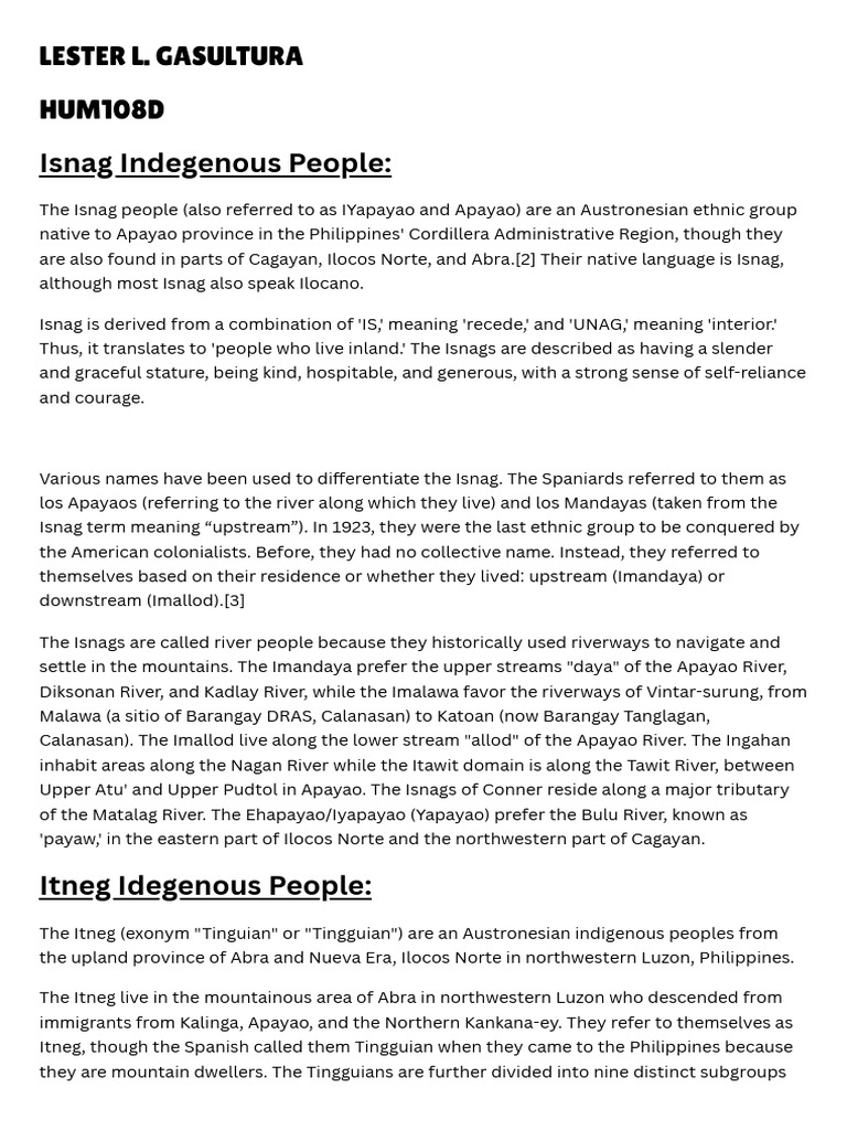 Isnag and Itneg Indigenous Peoples Overview | PDF | Philippines ...