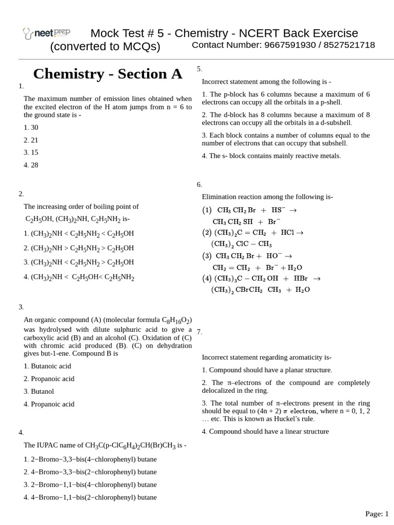 Mock Test # 5 Chemistry 10 Chapters NCERT Back Exercise | PDF | Atomic ...