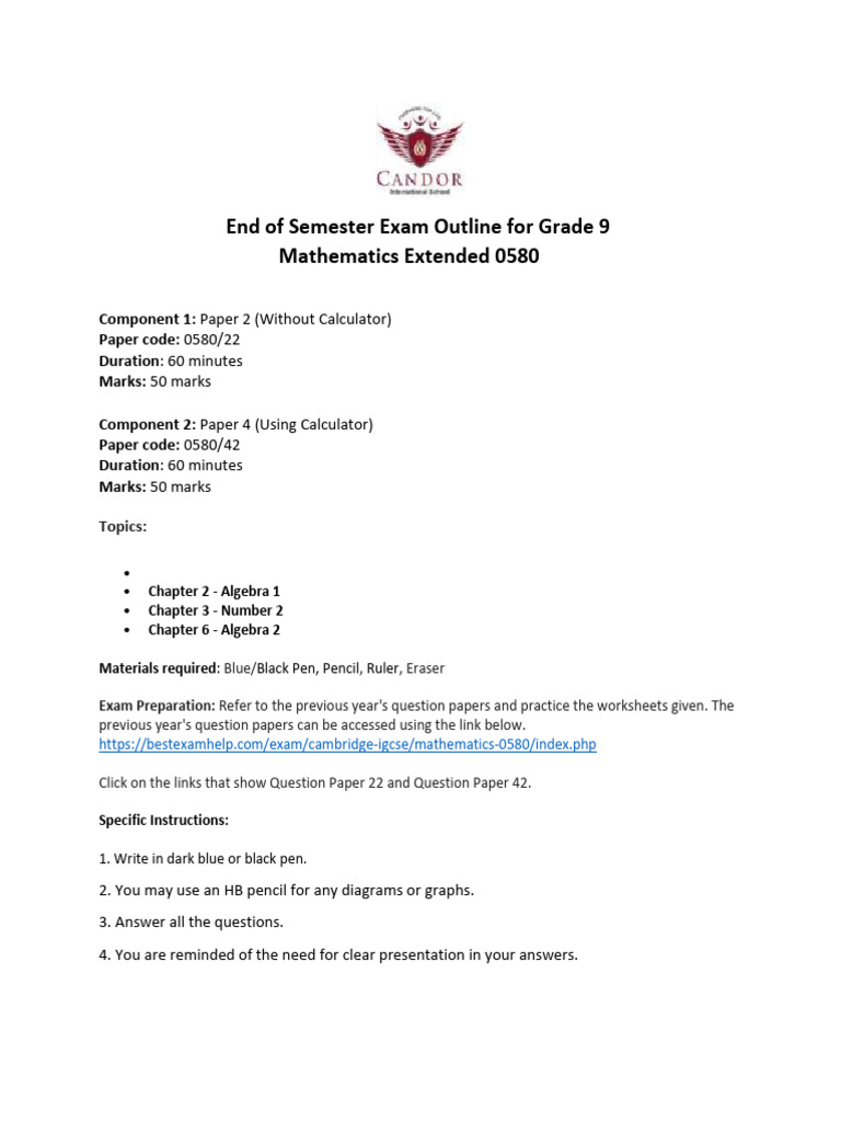 End of Semester Exam Outline For Grade 9 | PDF