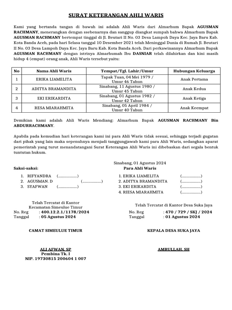 Surat Keterangan Ahli Waris Kematian | PDF