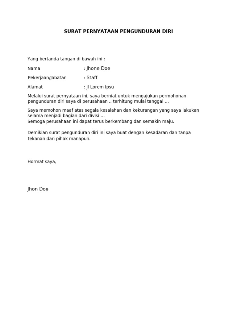 Surat Pengunduran Diri Template New1 | PDF