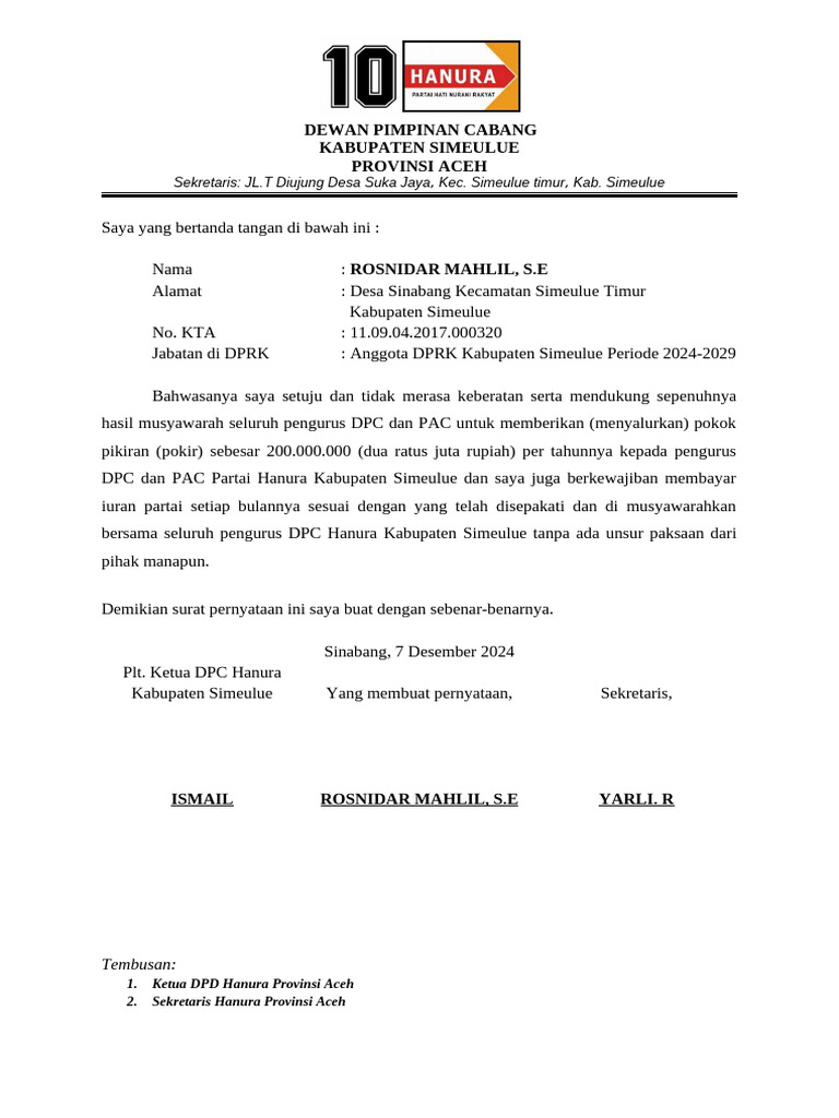 Surat Pernyataan Dukungan DPC Hanura | PDF