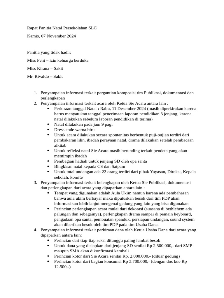 Notulen Rapat Panitia Natal Persekolahan SLC | PDF