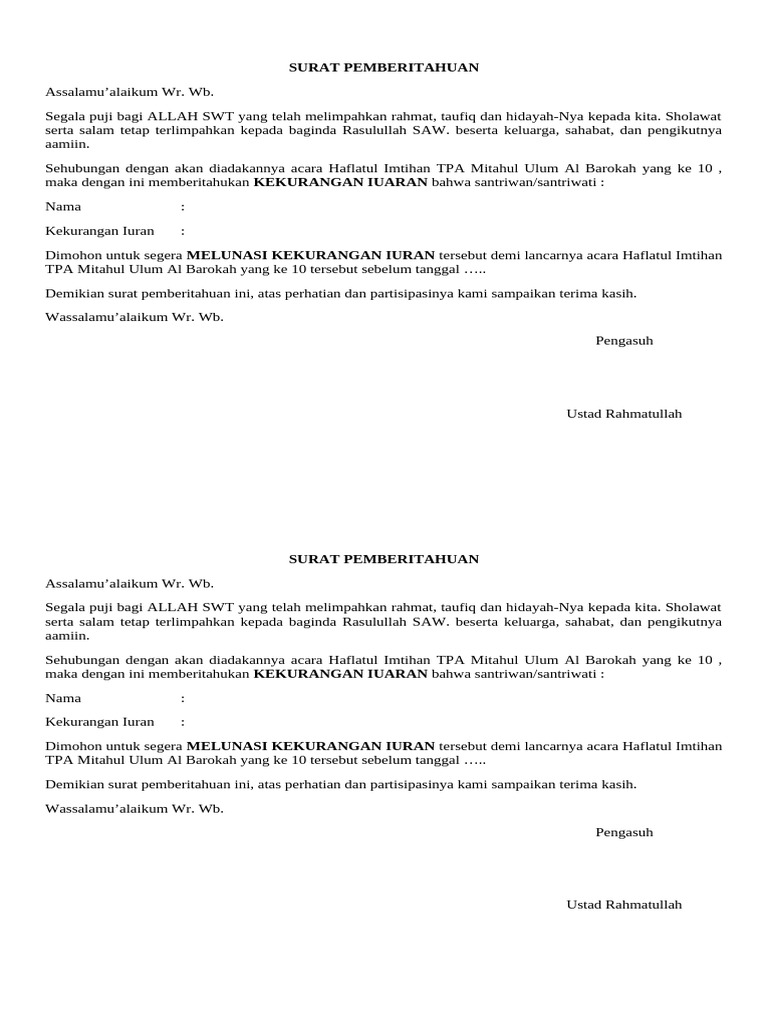 SURAT PEMBERITAHUAN IURAN | PDF