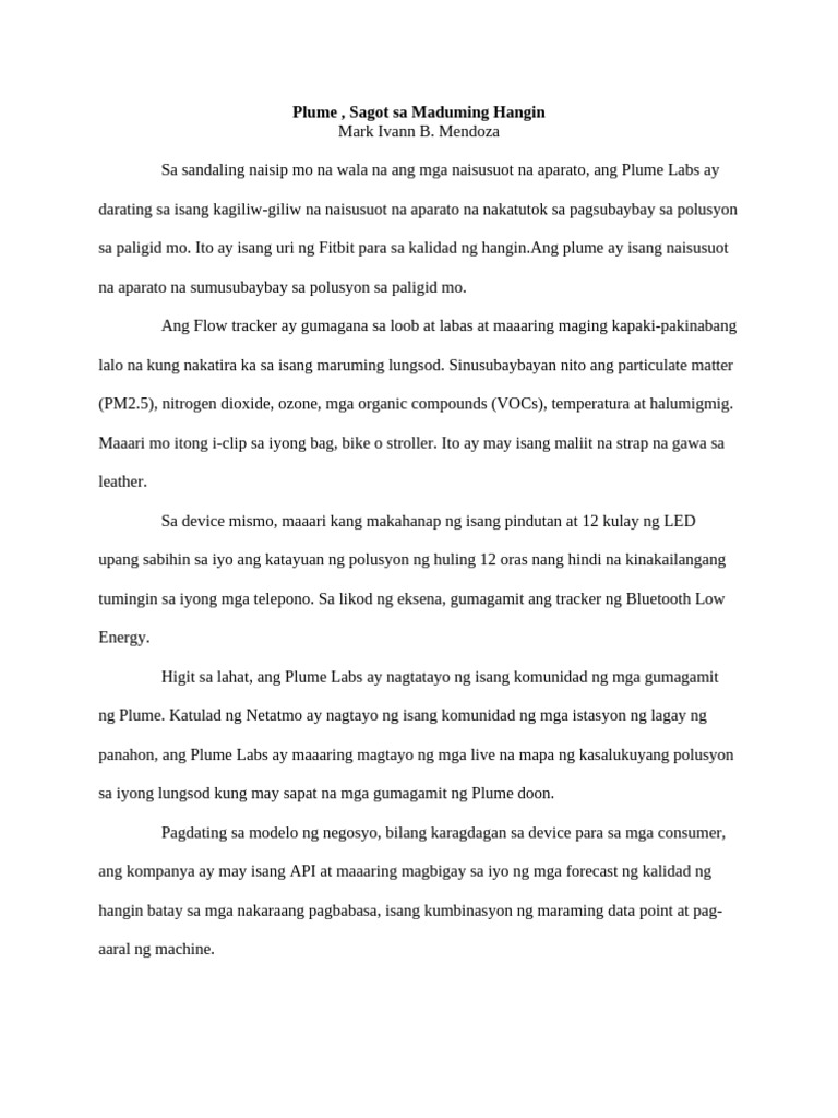 Plume, Sagot Sa Maduming Hangin by Ivann Mendoza | PDF