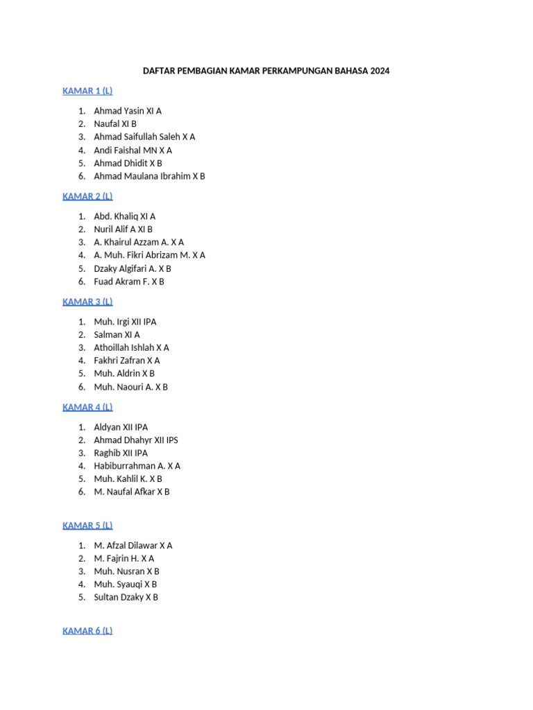Daftar Pembagian Kamar Perkampungan Bahasa 2024 (1) | PDF