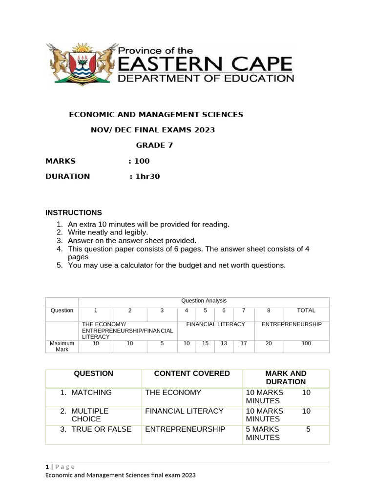 2023 Ems Grade 7 Ques Paper Dec | PDF | Expense | Income