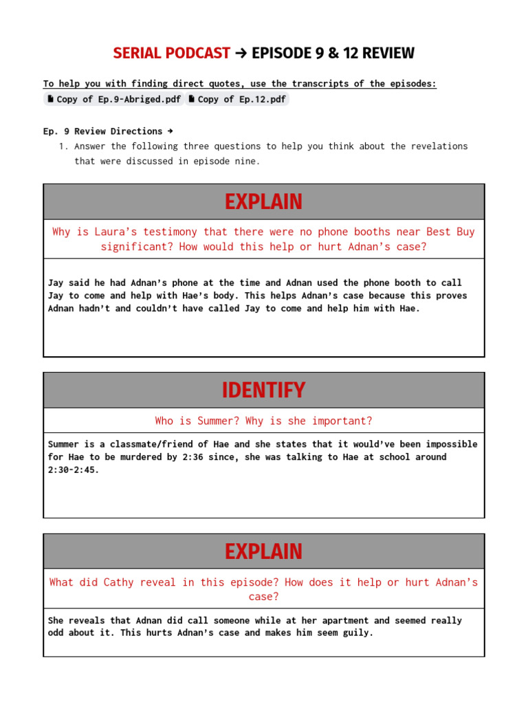 Serial Podcast Episode 9 & 12 Analysis | PDF
