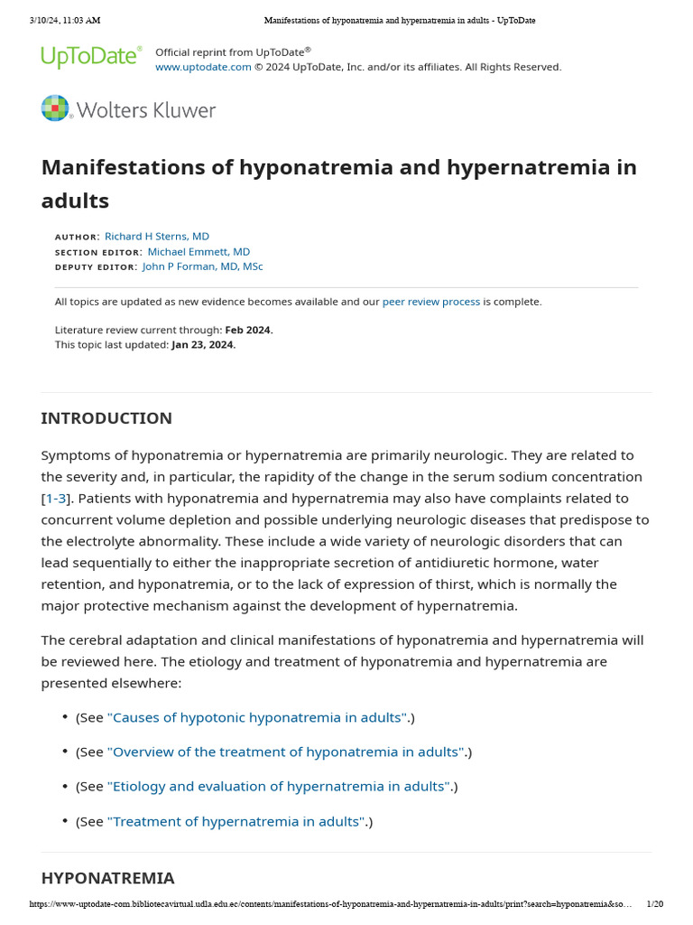 28- Manifestations of hyponatremia and hypernatremia in adults ...