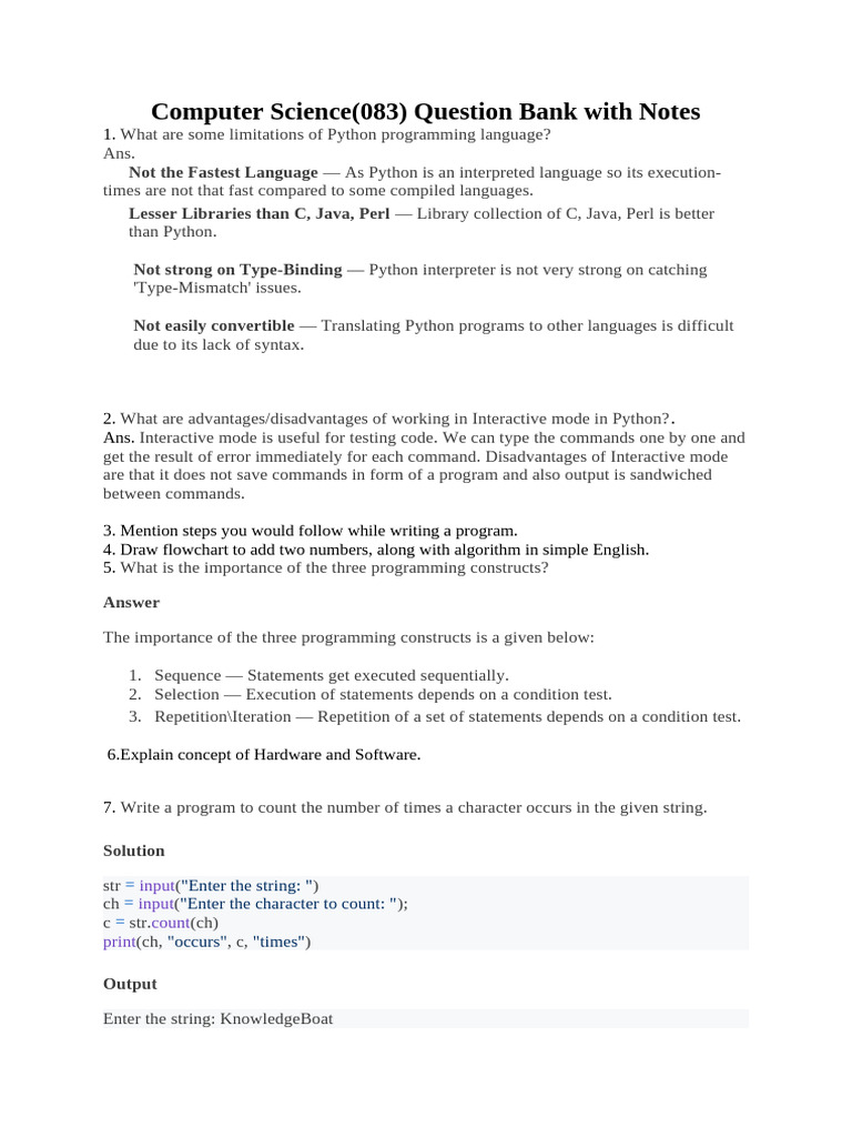 Cs Cbse Notes With Questions Bank Pdf Control Flow Python Programming Language