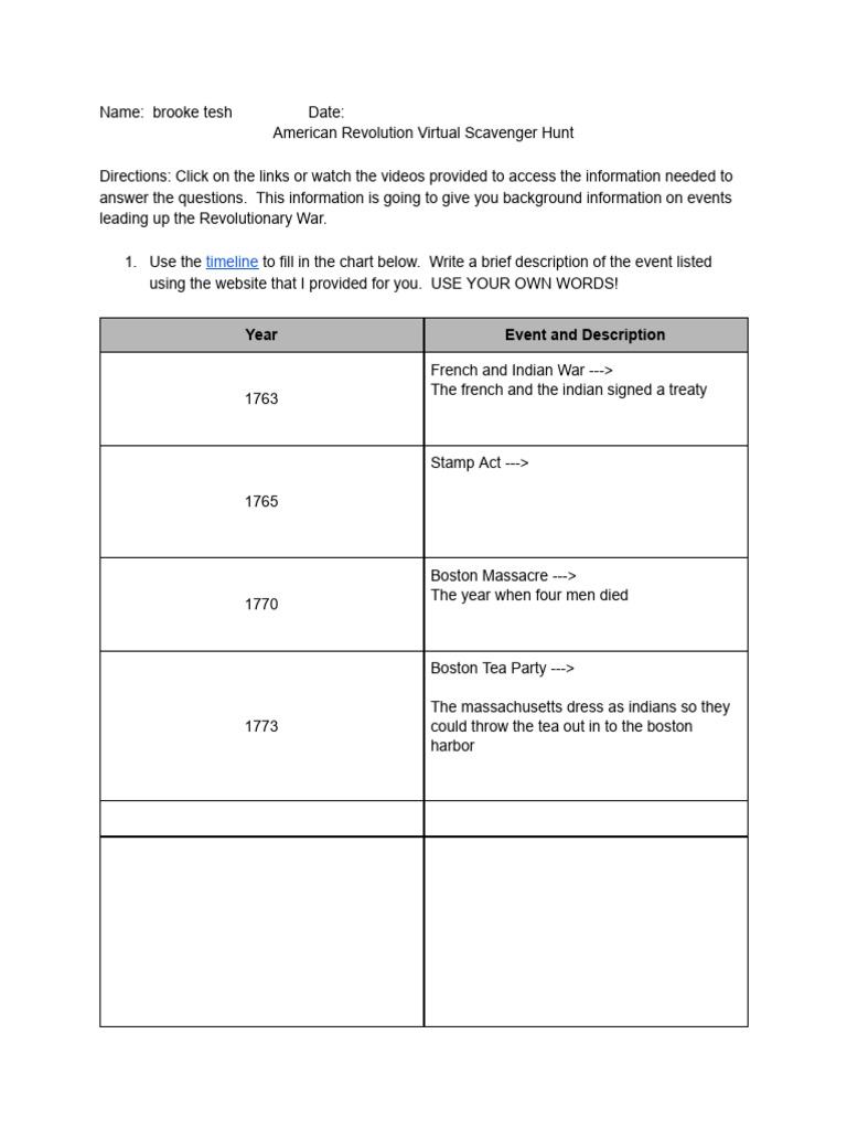 Intro To The American Revolution Scavenger Hunt | PDF | United States ...