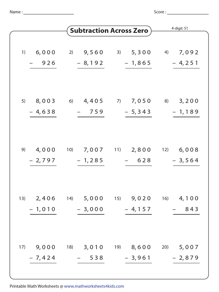 WK5 Subtract Across Zeros Worksheet | PDF