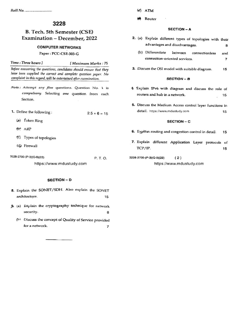 Btech Cse 5 Sem Computer Networks 3228 Dec 2022 Pdf 