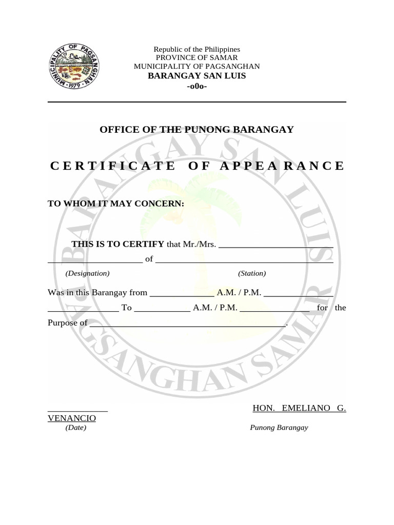 Cert Appearance Brgy San Luis | PDF