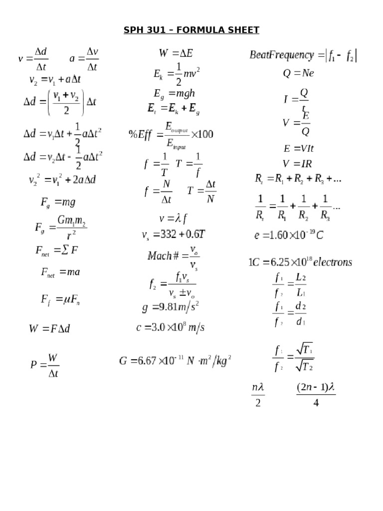 SPH 3U1 Formula Sheet | PDF