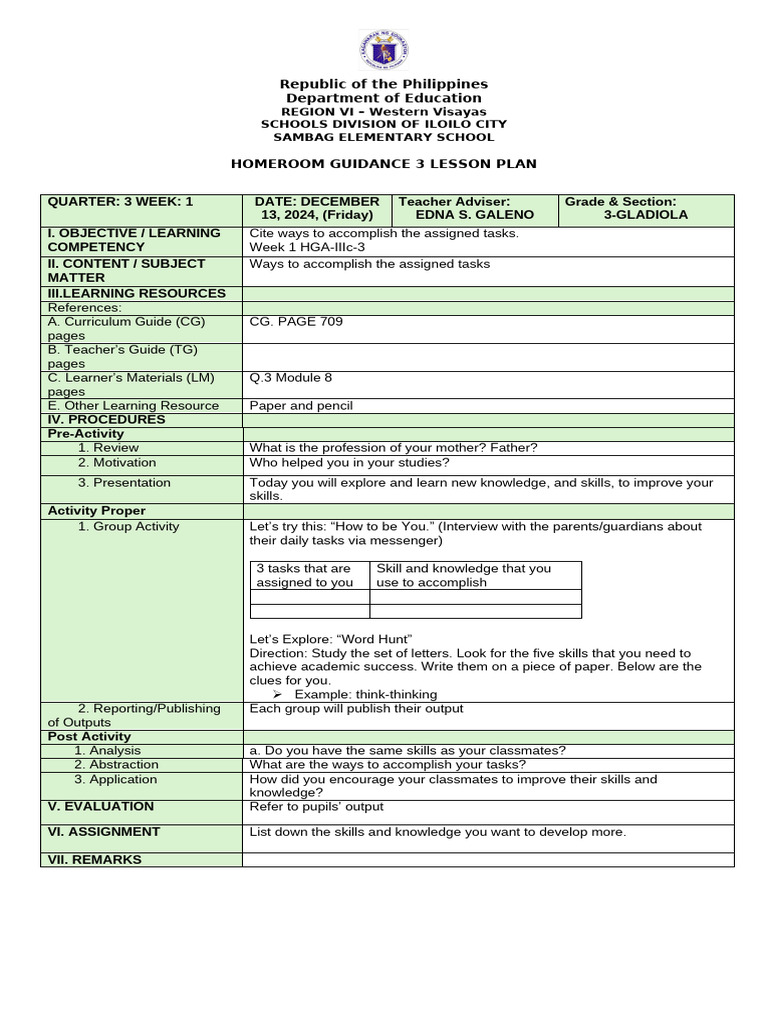 Q.3 W.1 Homeroom Guidance 3 Lesson Plan | PDF | Pedagogy | Education Theory