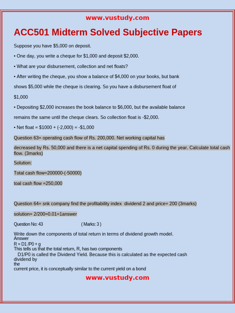 Acc501 Midterm Solved Subjective Papers | PDF | Net Income | Revenue