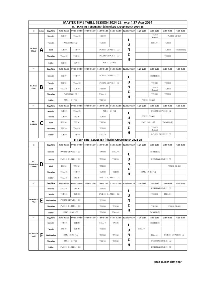 B.tech 2024-28 Timetable | PDF