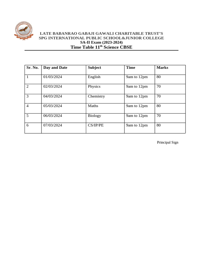 CBSE 11th Science Exam Time Table 2024 | PDF