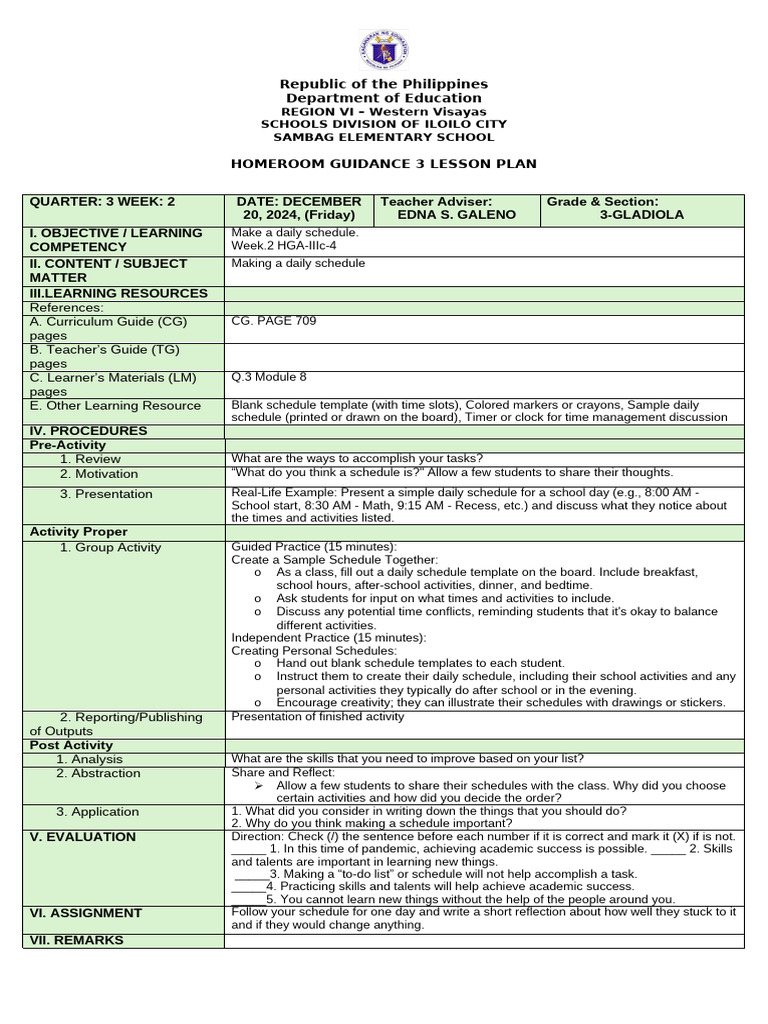 Grade 3 Daily Schedule Lesson Plan | PDF | Teaching | Human Communication