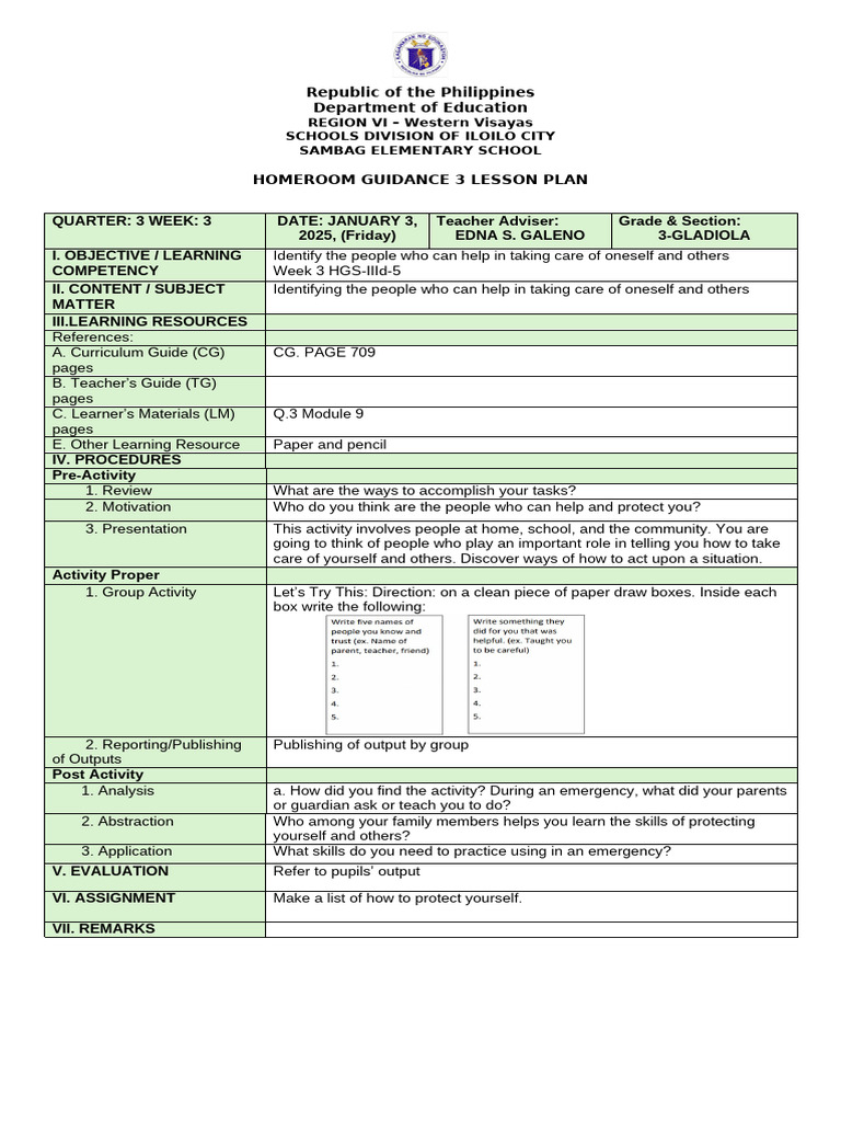 Grade 3 Homeroom Guidance Lesson Plan | PDF