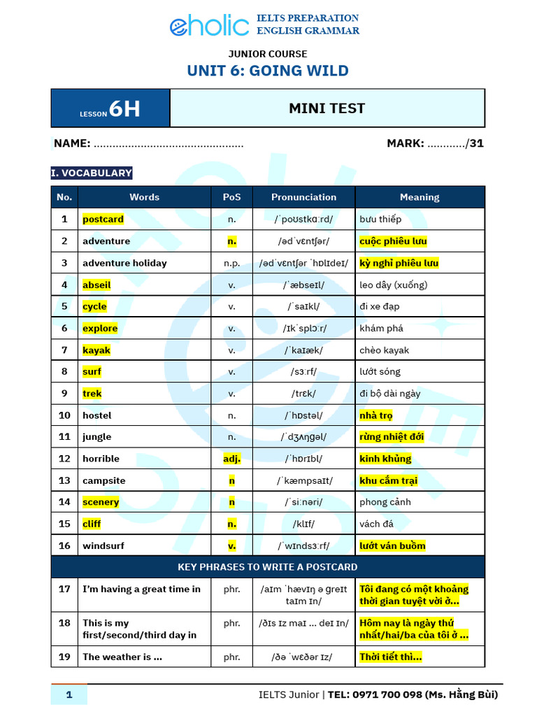 [Junior] Handout U6_6H_Mini Test - KEY | PDF