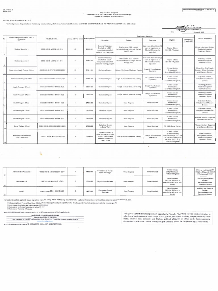 DOH CSTRC Vacancies Oct 20 2023 | PDF | Residency (Medicine) | Health ...