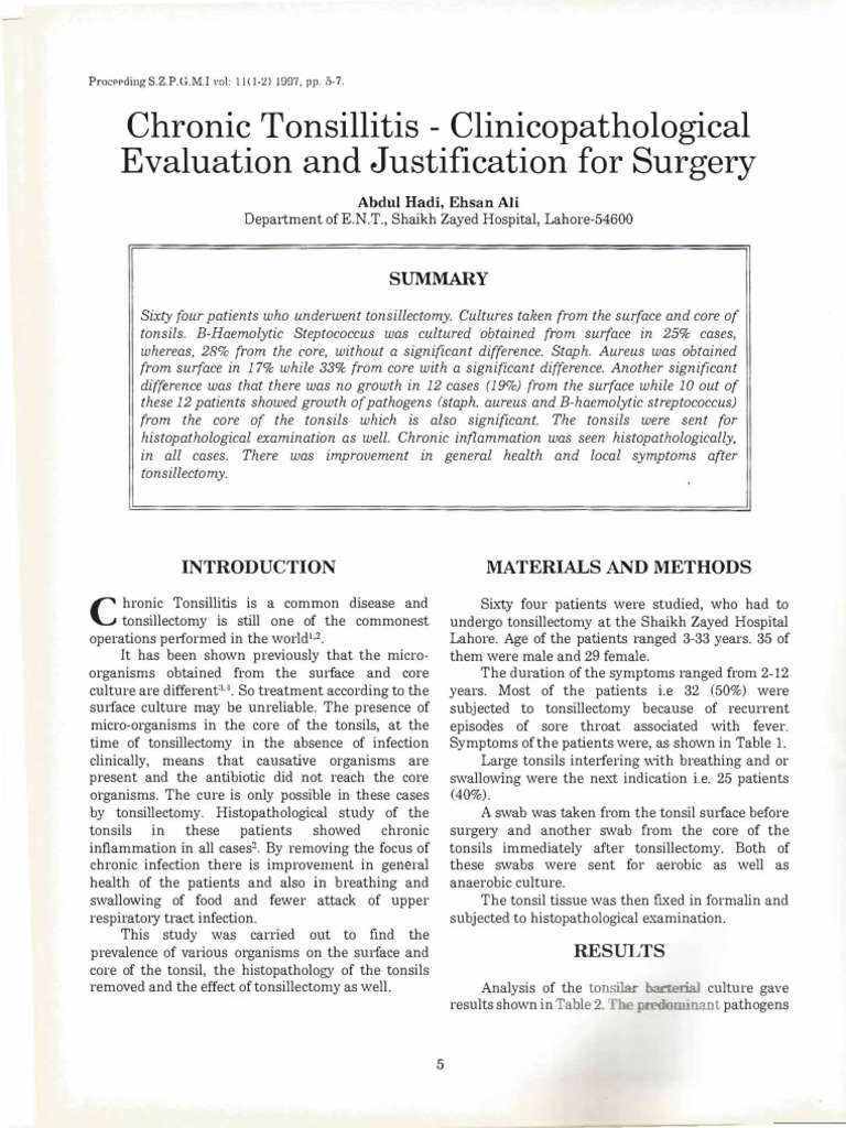 Chronic Tonsillitis: Surgery Justification | PDF | Microbiology ...