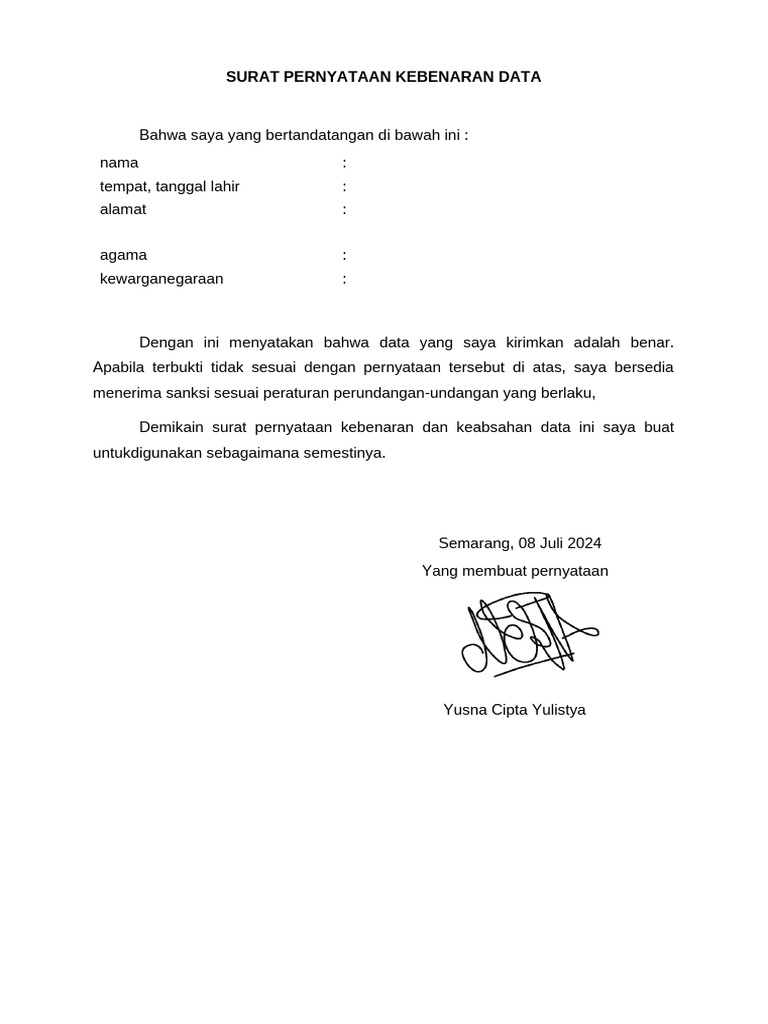 Surat Pernyataan Kebenaran Data | PDF
