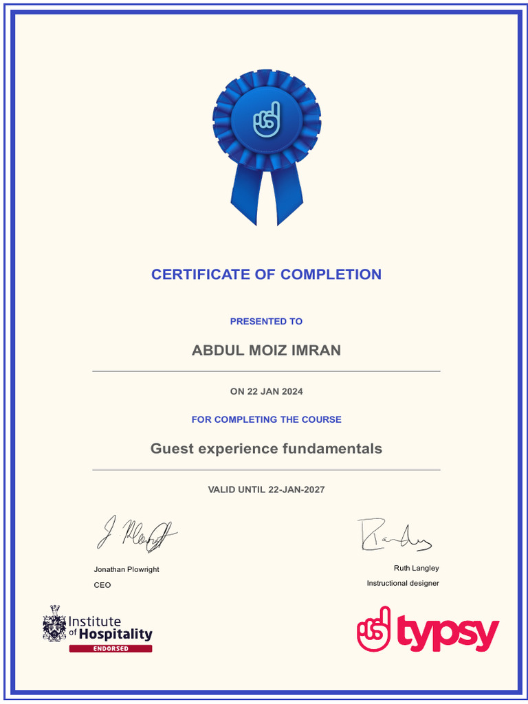 Moiz Imran Typsy Certificate | PDF