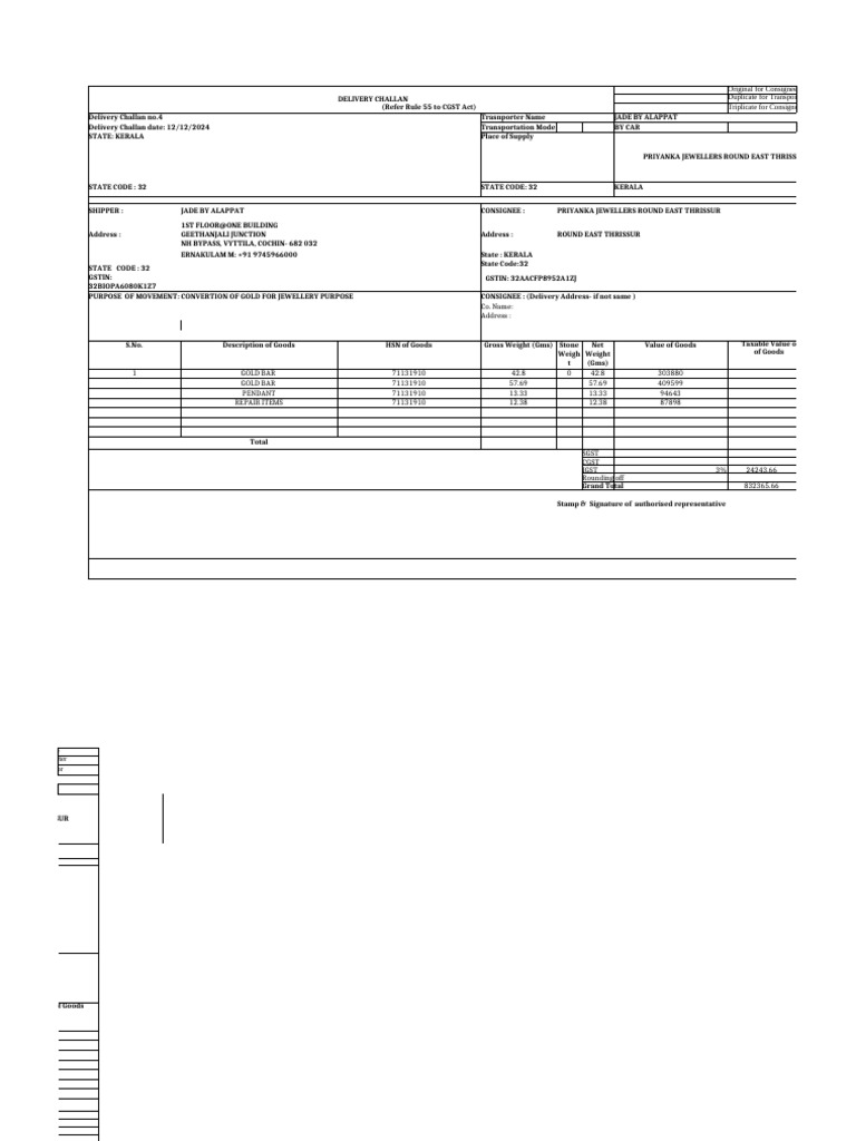 Delivery Challan Format for Gold | PDF