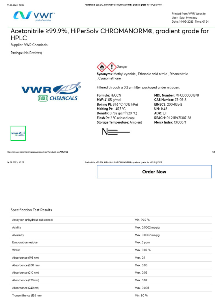 Acetonitrile 99.9%, HiPerSolv CHROMANORM®, Gradient Grade For HPLC ...