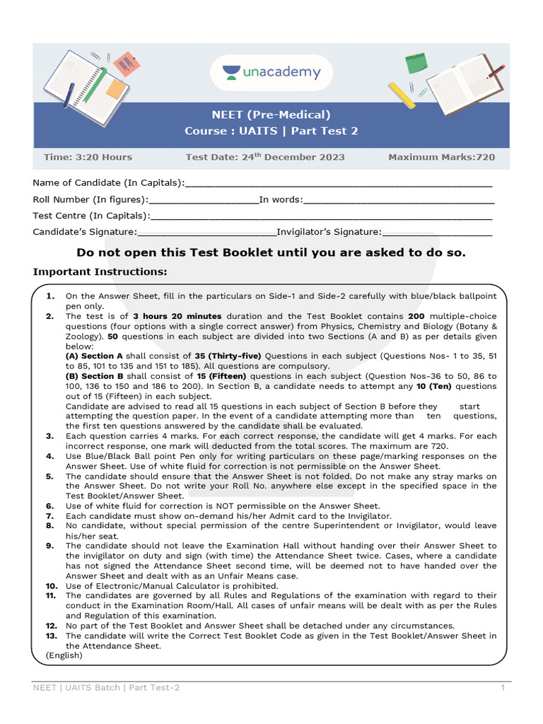 UAITS - NEET - Part Test-2 - Faculty | PDF | Physical Sciences | Chemistry