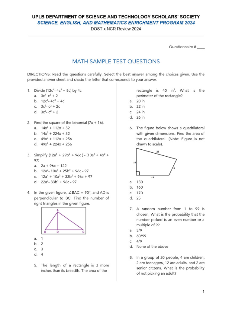 DOST-REVIEW-2024-MATH-Test-Questionnaire | PDF | Rectangle | Area