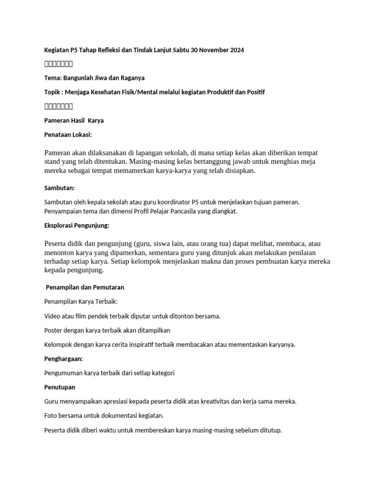 Kegiatan P5 Tahap Refleksi Dan Tindak Lanjut Sabtu 30 November 2024 | PDF