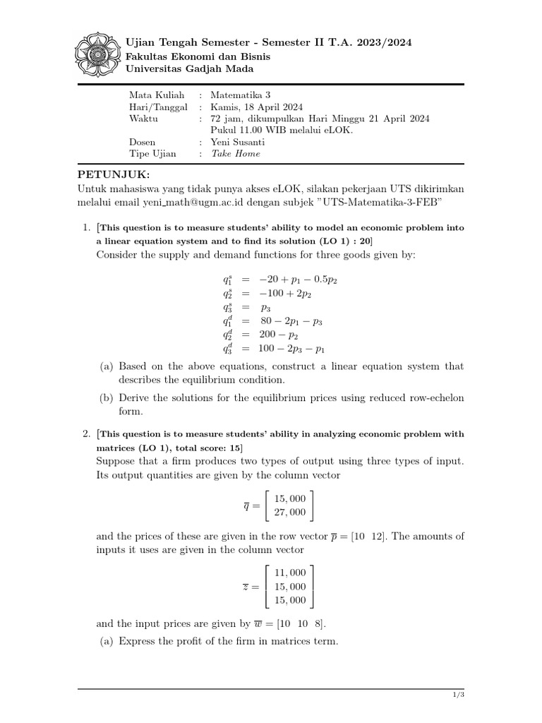 UTS Matematika | PDF | Matrix (Mathematics) | Determinant