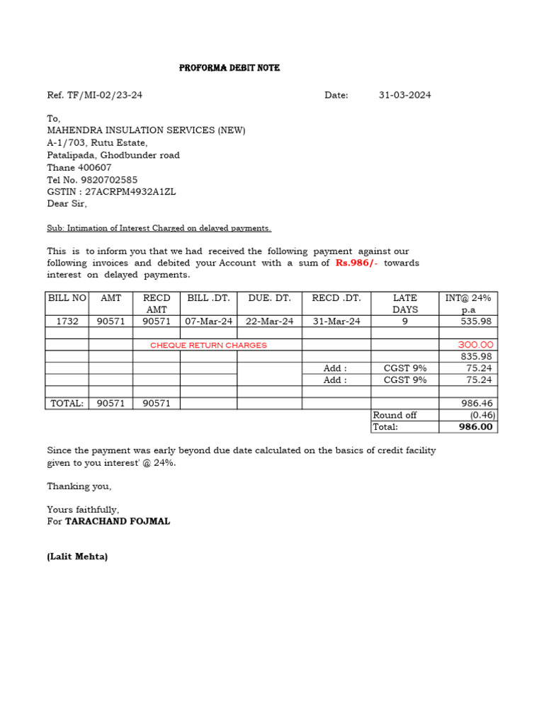 Mahendra Insualtion - Debit Note | PDF