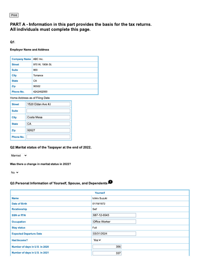 Sample 2 - US Tax Questionnaire | PDF