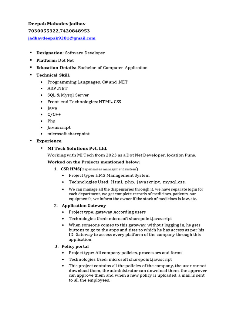 Dot Net Developer Resume: Deepak Jadhav | PDF | My Sql | C Sharp ...