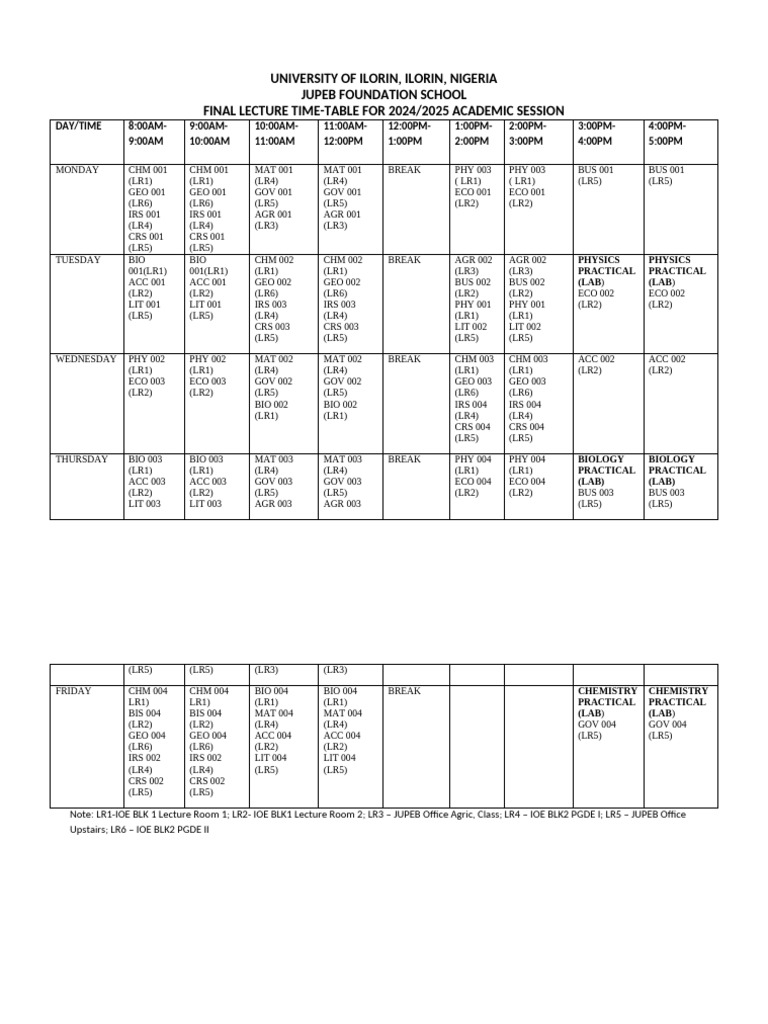 2024 2025 Final Jupeb Lecture Timetable | PDF