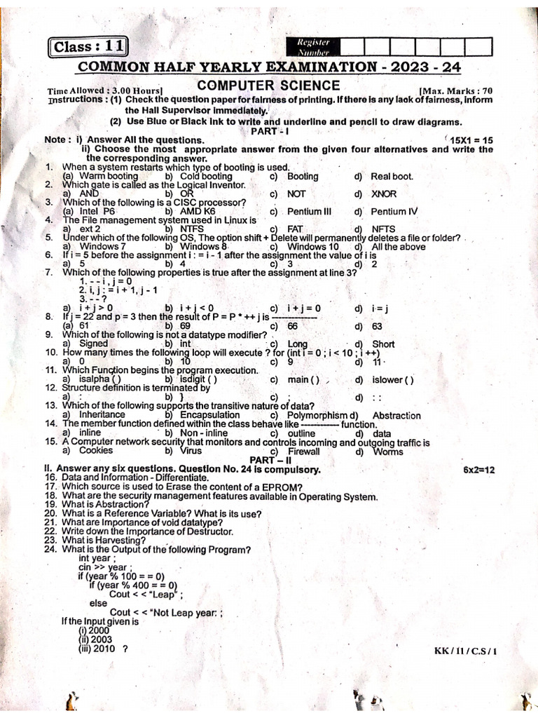 11th Computer Science EM Half Yearly Exam 2023 Question Paper With Answer Keys Kallakurichi ...