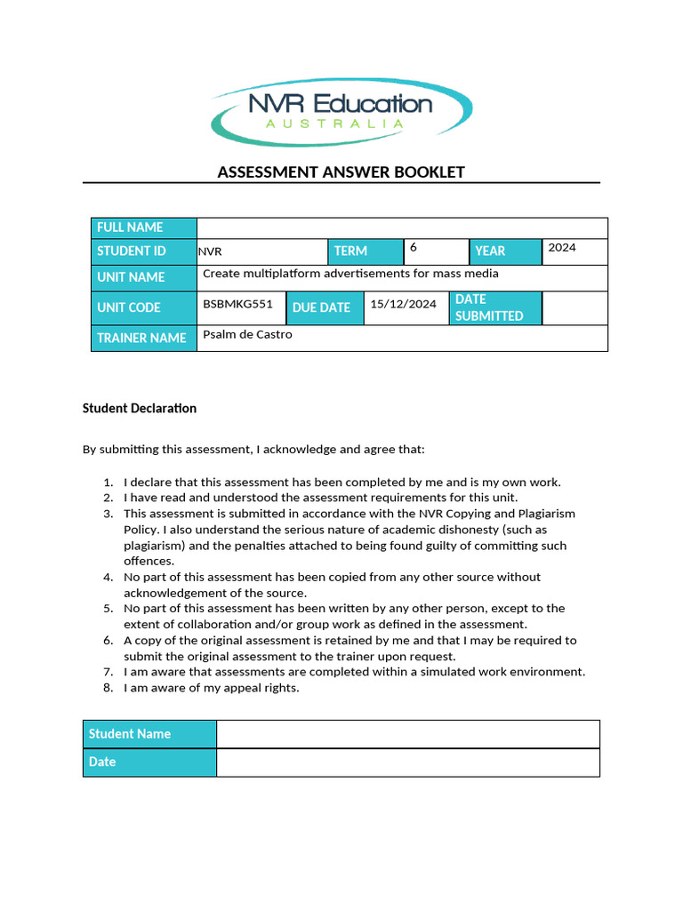 Assessment Answer Booklet Task 1 - BSBMKG551 | PDF | Advertising ...